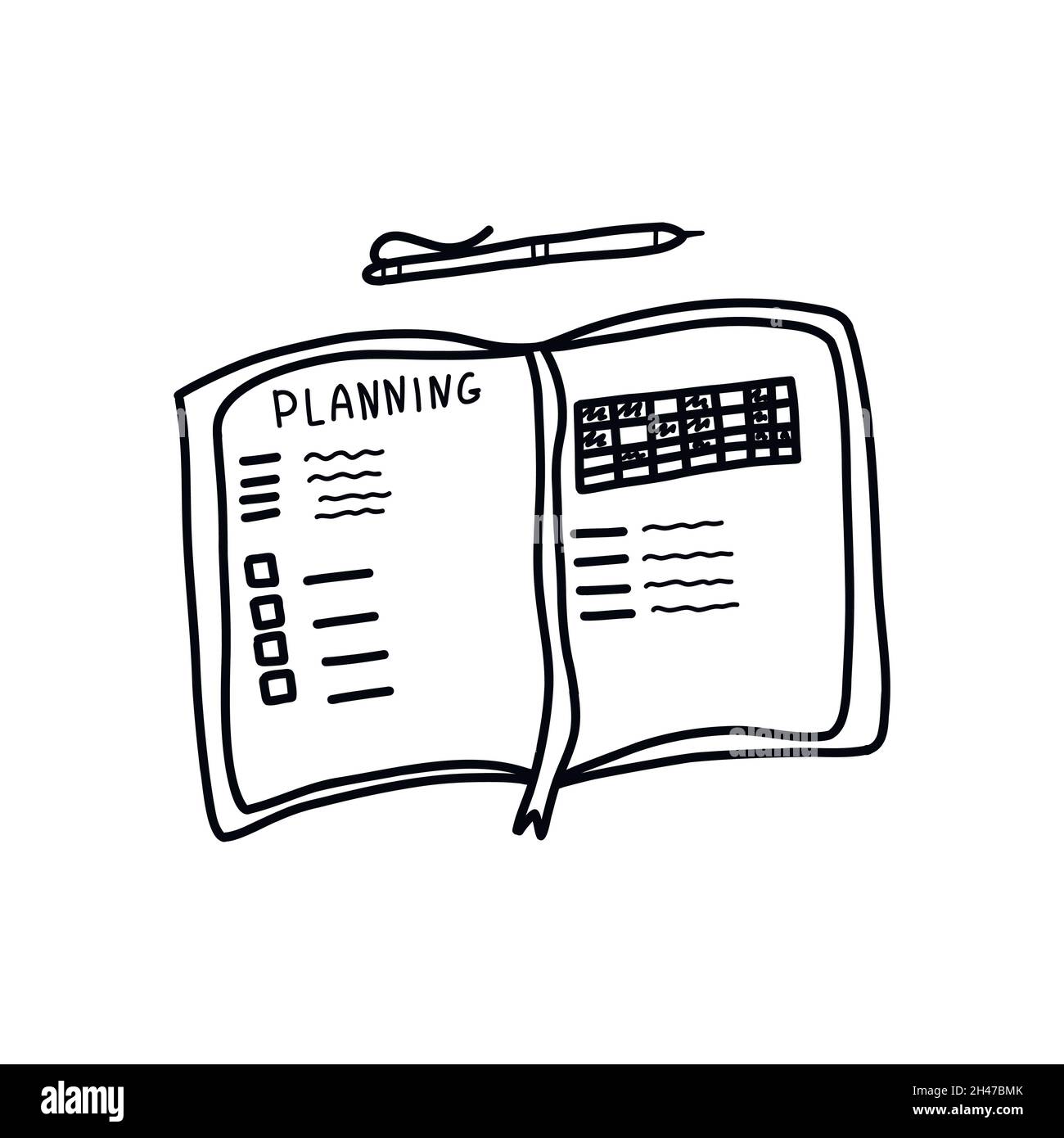 Open planner. Planning and making a list of tasks for the day. Pen is ...