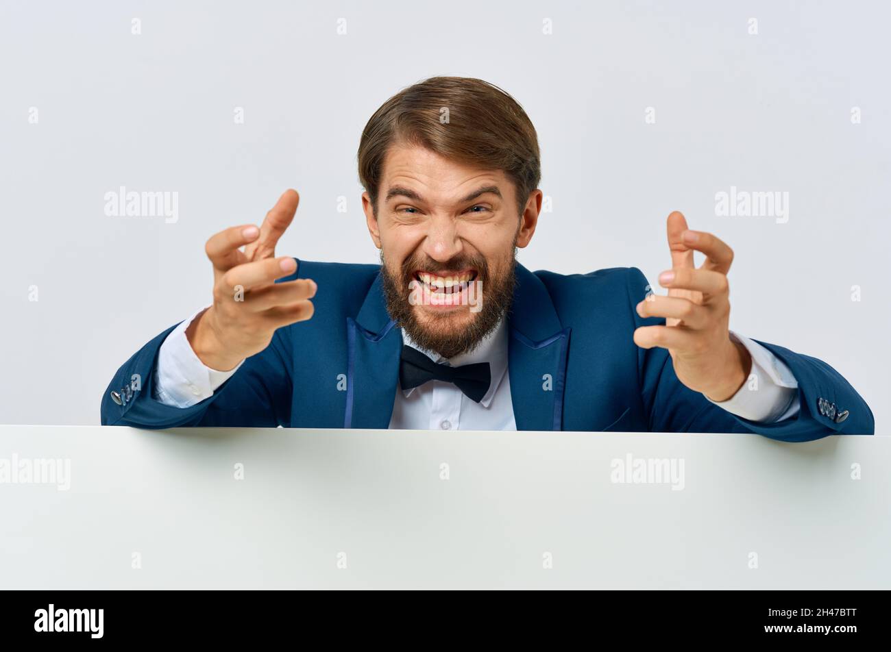 bearded man white banner in hand blank sheet presentation White ...