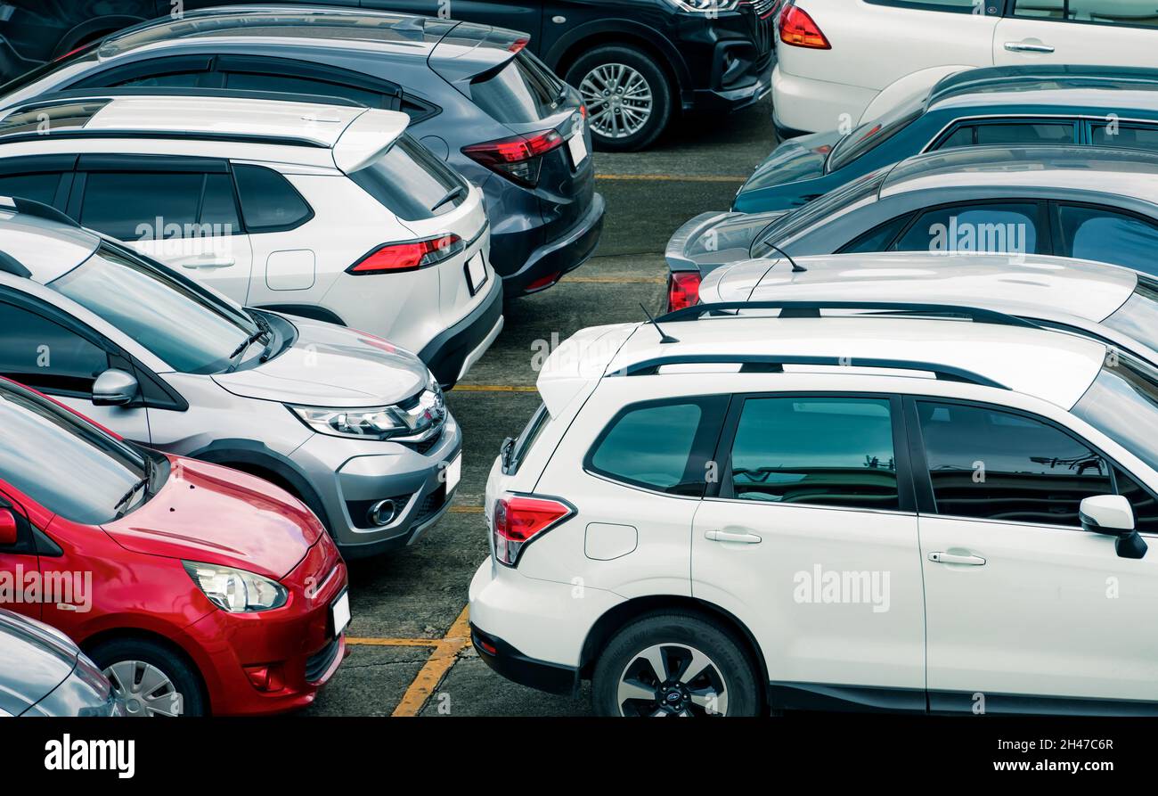 Car parked at parking lot of the airport for rental. Aerial view of car ...
