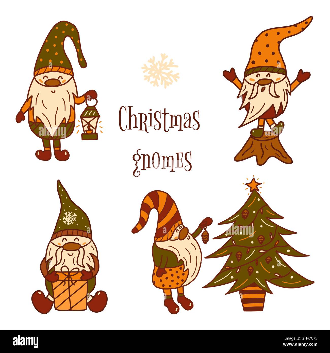 Set of cute little Christmas gnomes. Colorful vector illustration hand ...