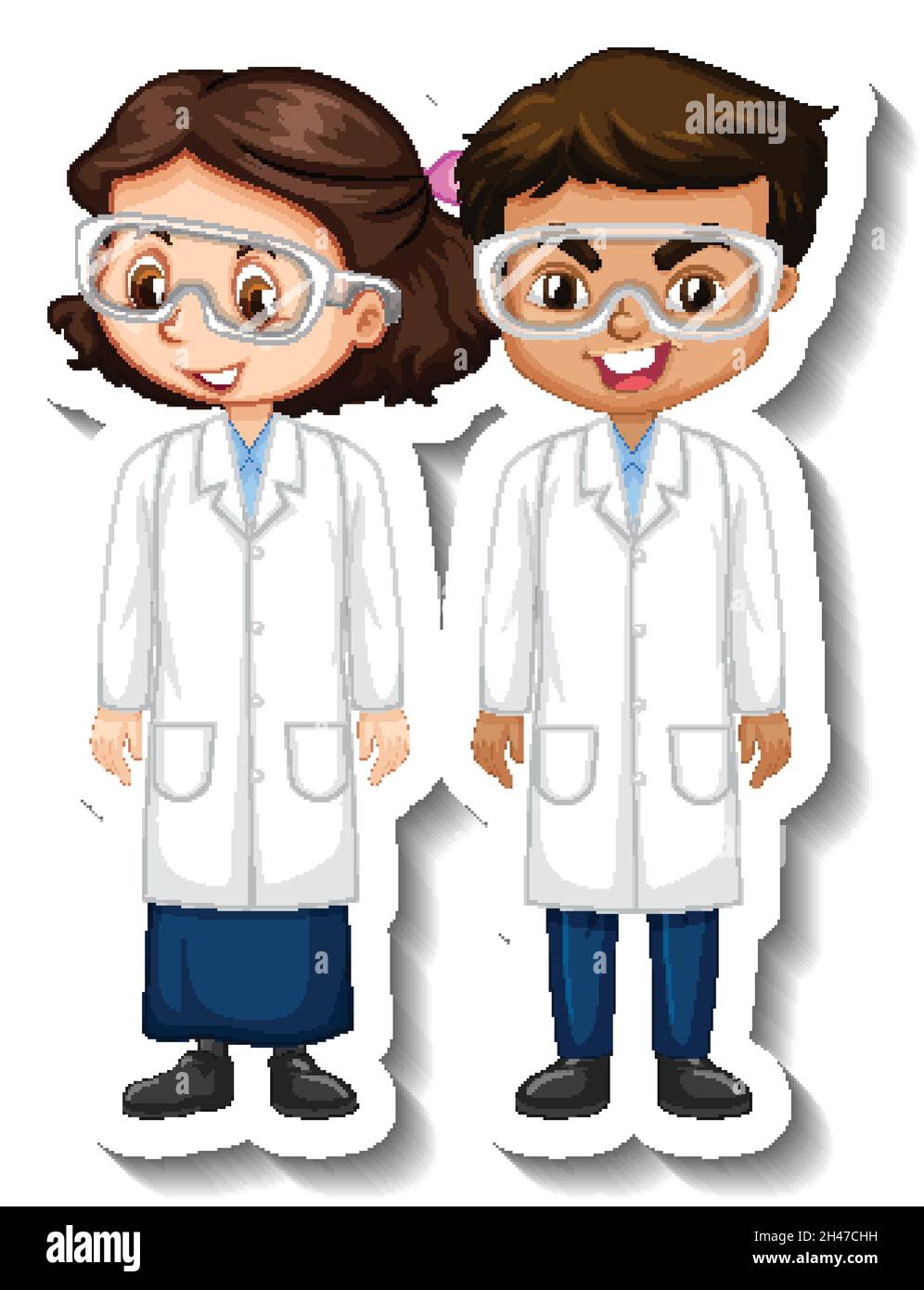 Cartoon character sticker with couple scientists in science gown ...