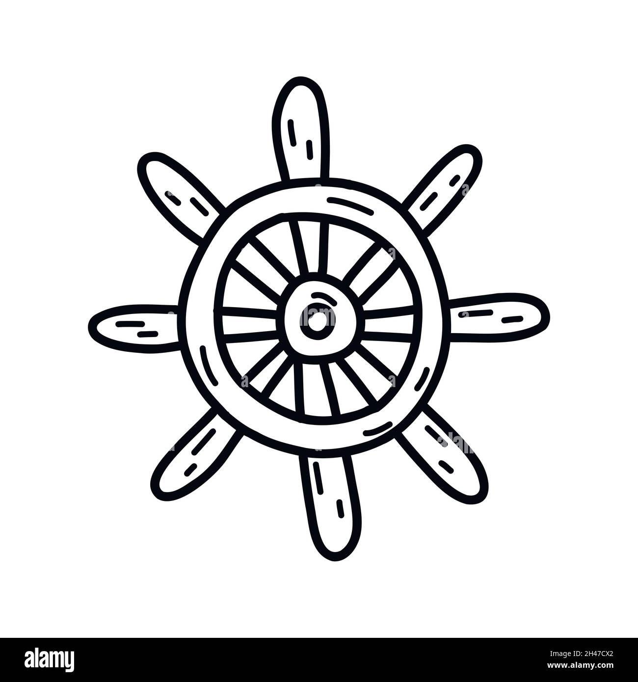 Steering wheel of the ship. Wooden rudder, antique equipment. Black and ...