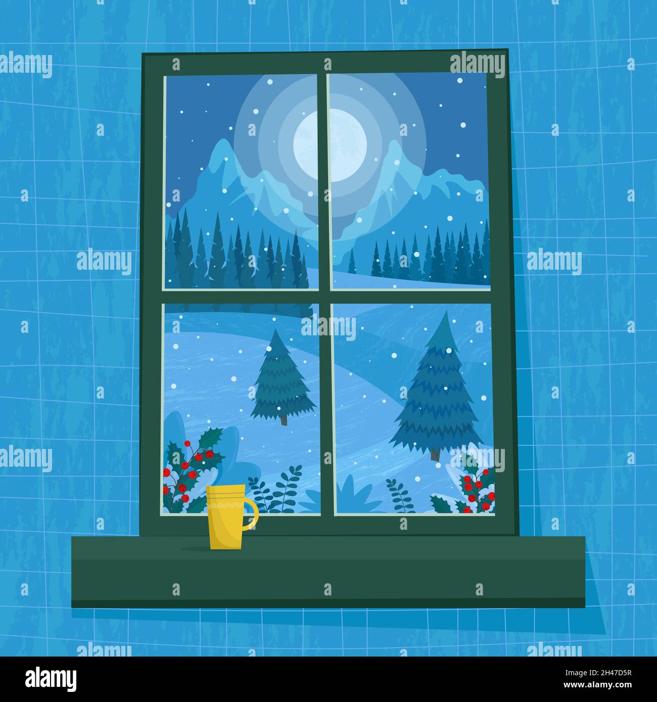 Window with winter night landscape. Cute vector illustration in flat ...