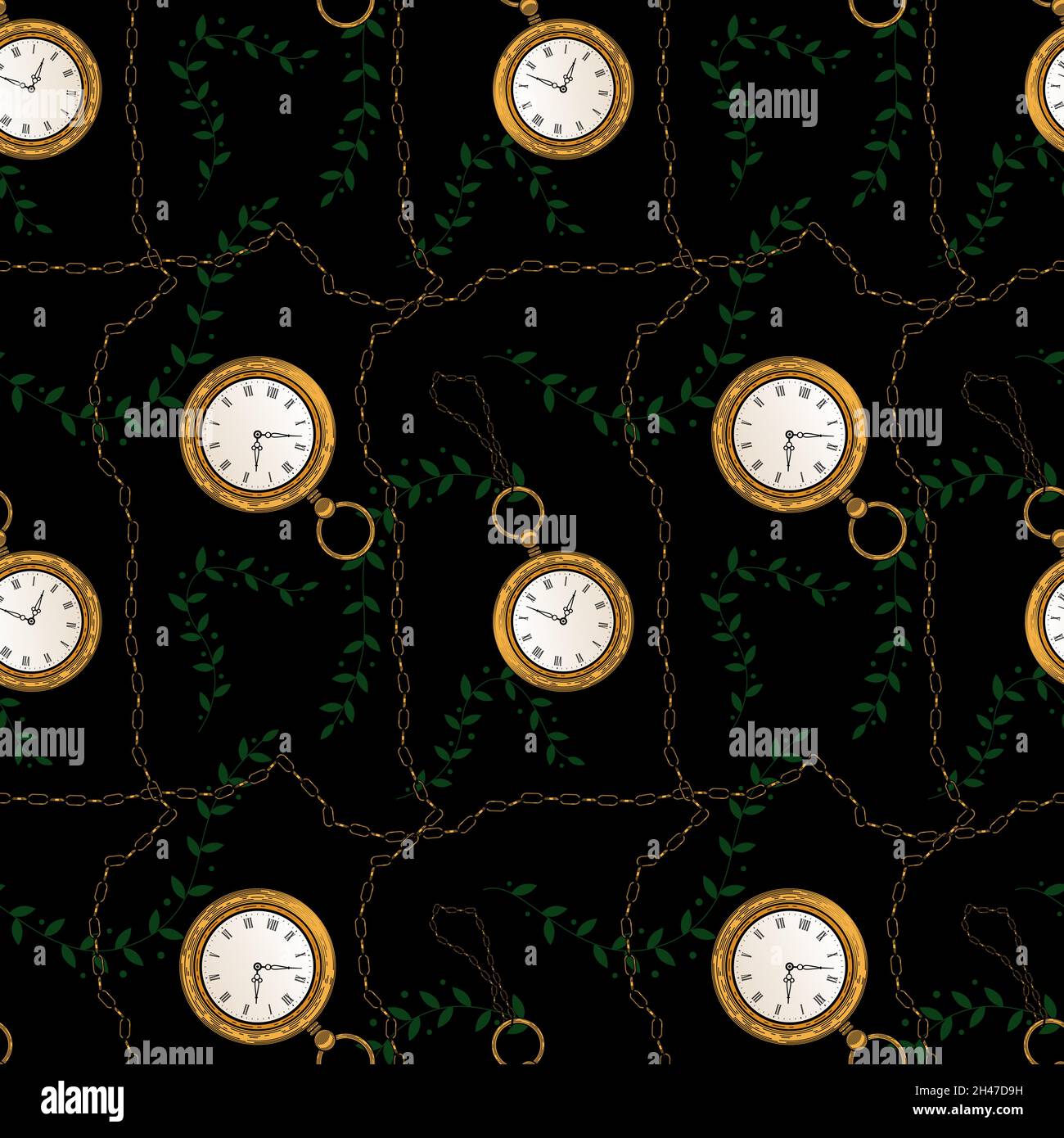 Seamless pattern with retro pocket watch in vintage style. Vector ...