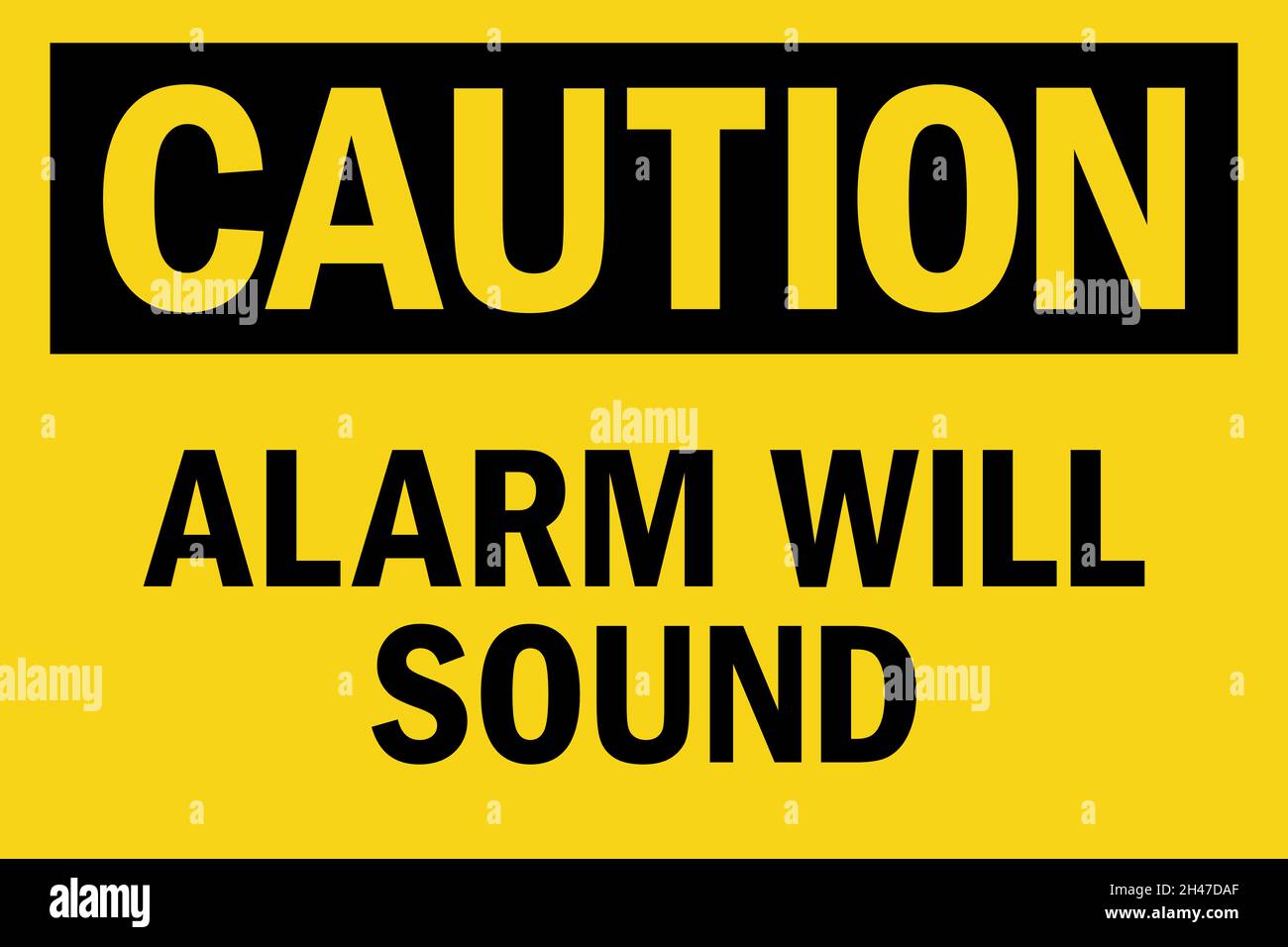 Caution alarm will sound sign. Black on yellow background. Industrial ...