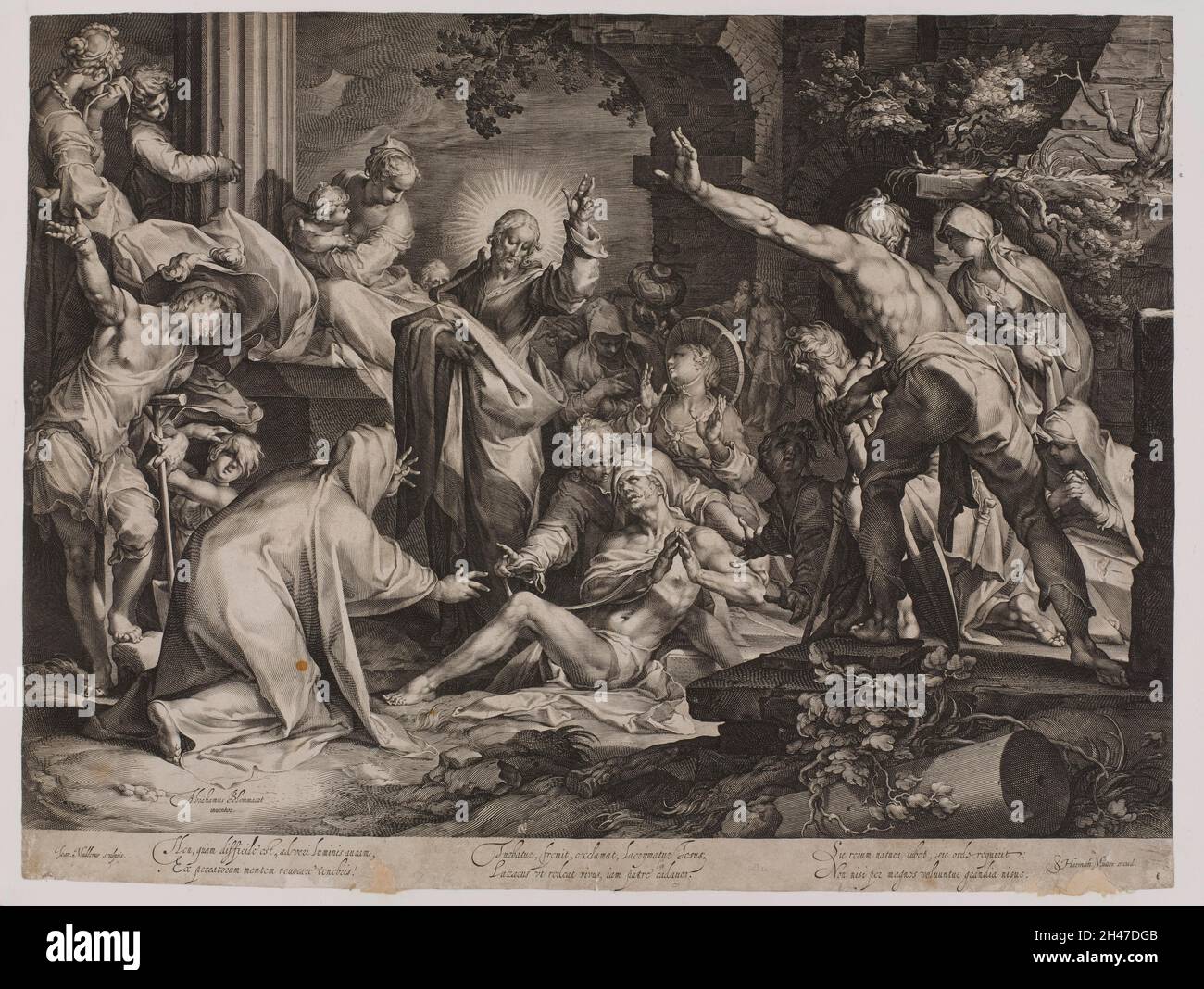 The raising of Lazarus. Engraving by J. Muller after A. Bloemaert Stock ...