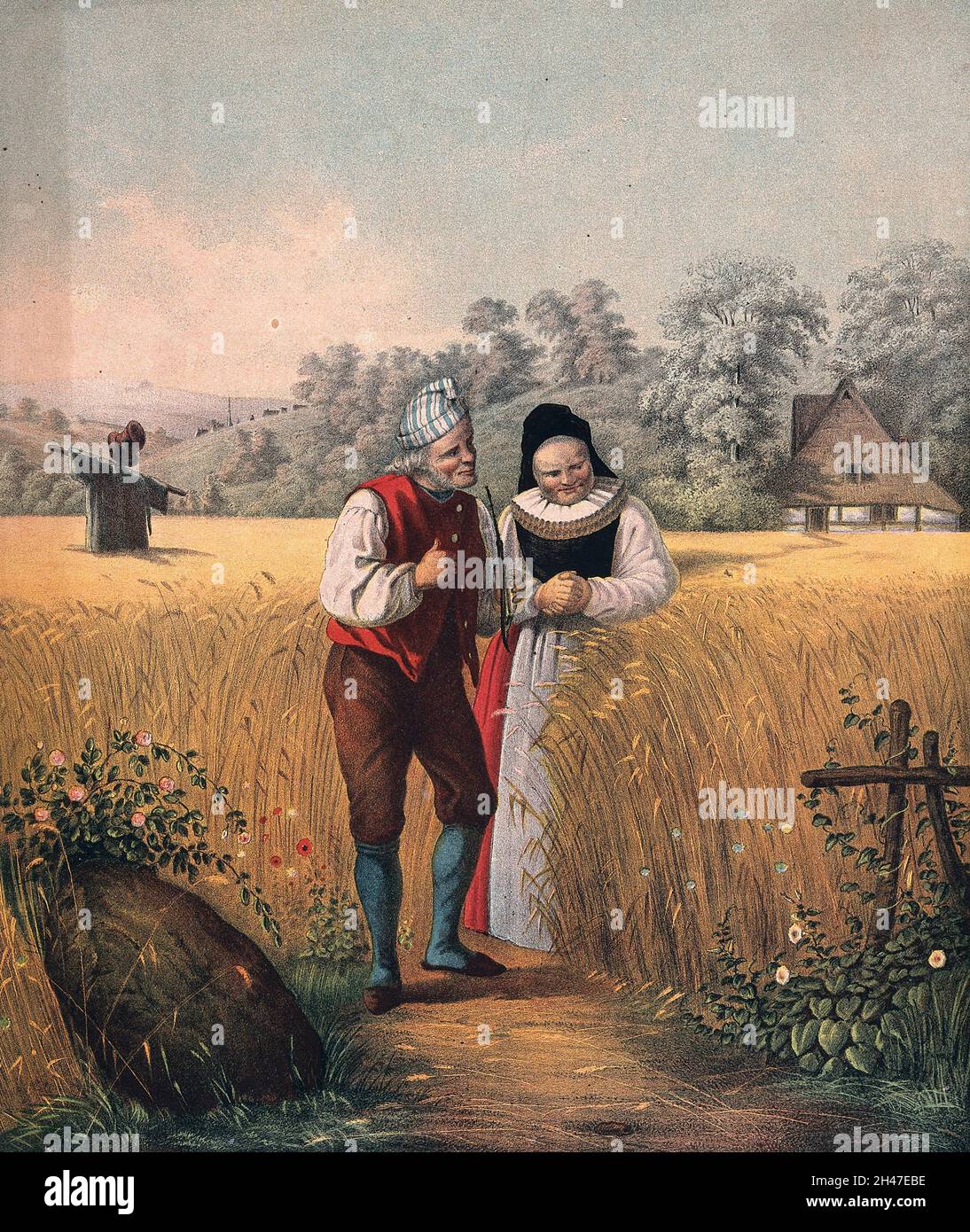 A farmer and his wife contemplating their full-grown crop in a field ...