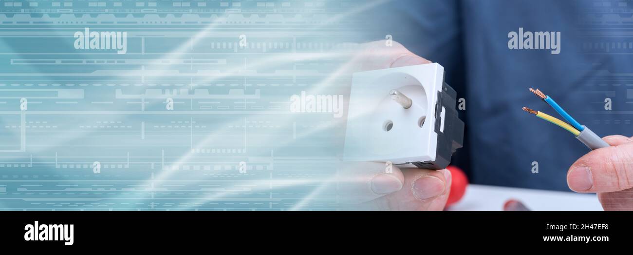 Hand holding an electrical outlet and a power cable; panoramic banner ...