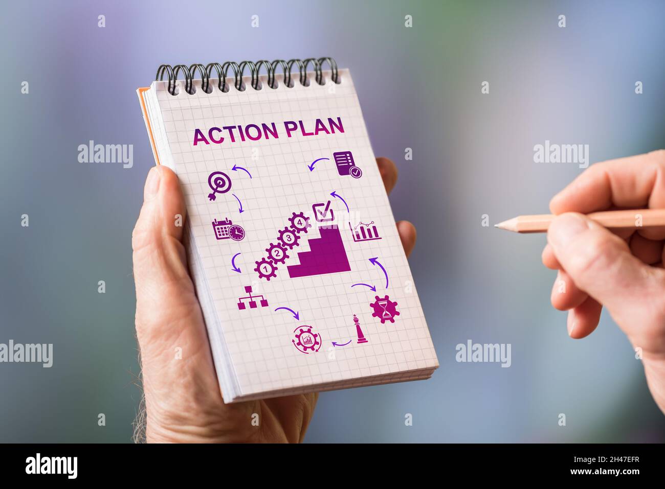 Hand drawing action plan concept on a notepad Stock Photo - Alamy