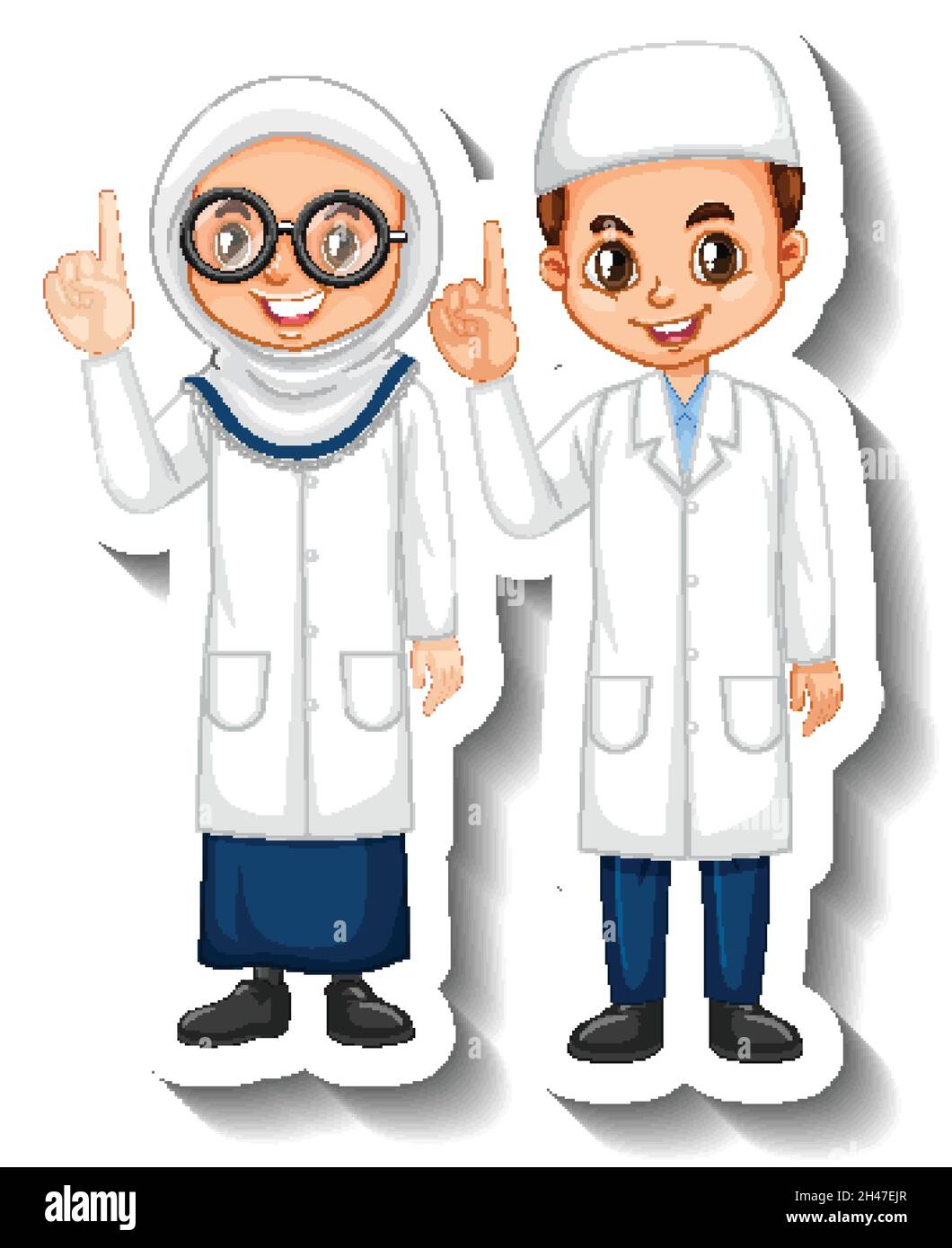 Scientist muslim couple kids cartoon character sticker illustration ...