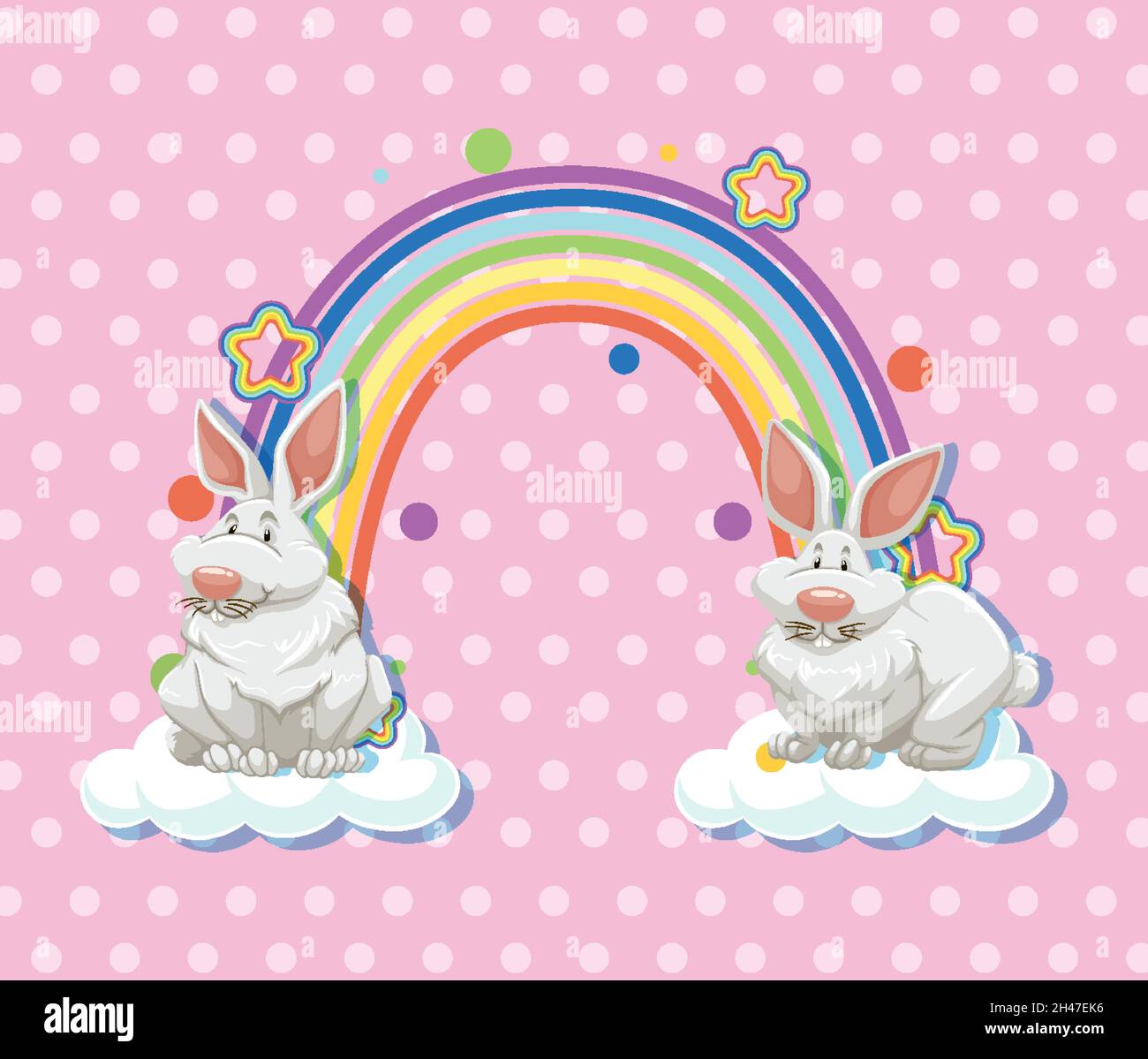 Two rabbits on the cloud with rainbow on pink polka dot background ...