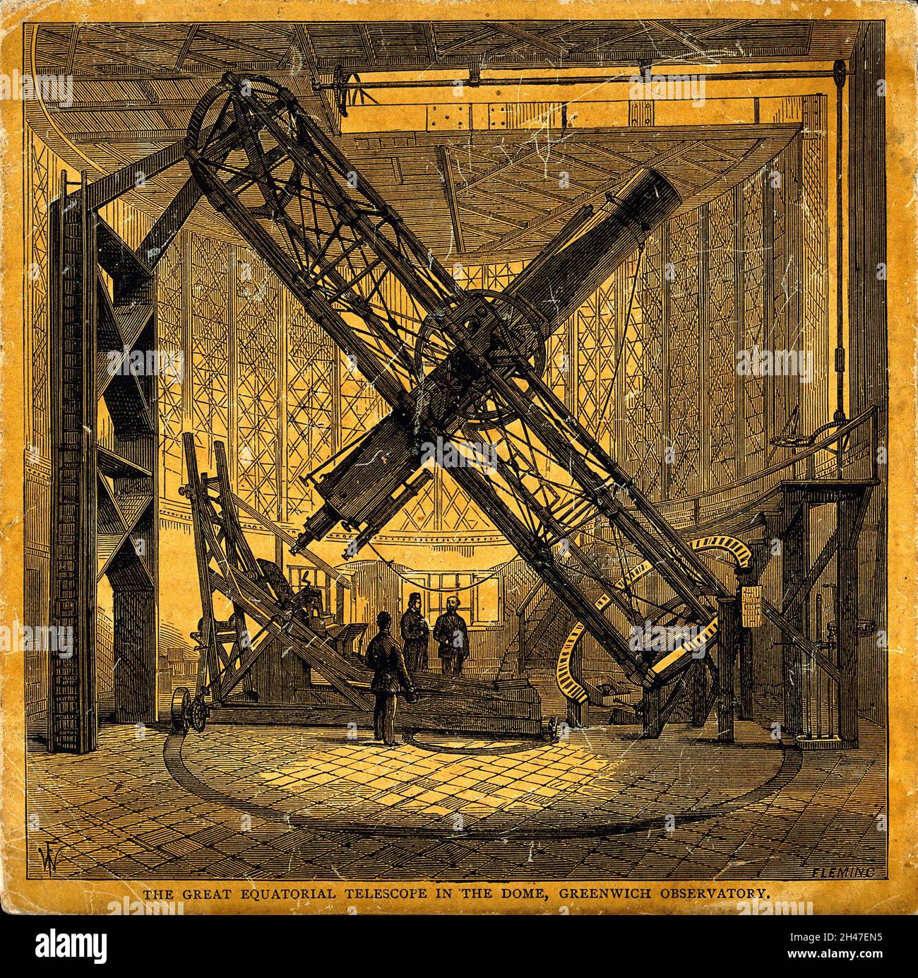 Astronomy: a large telescope, at Greenwich Observatory. Coloured wood ...