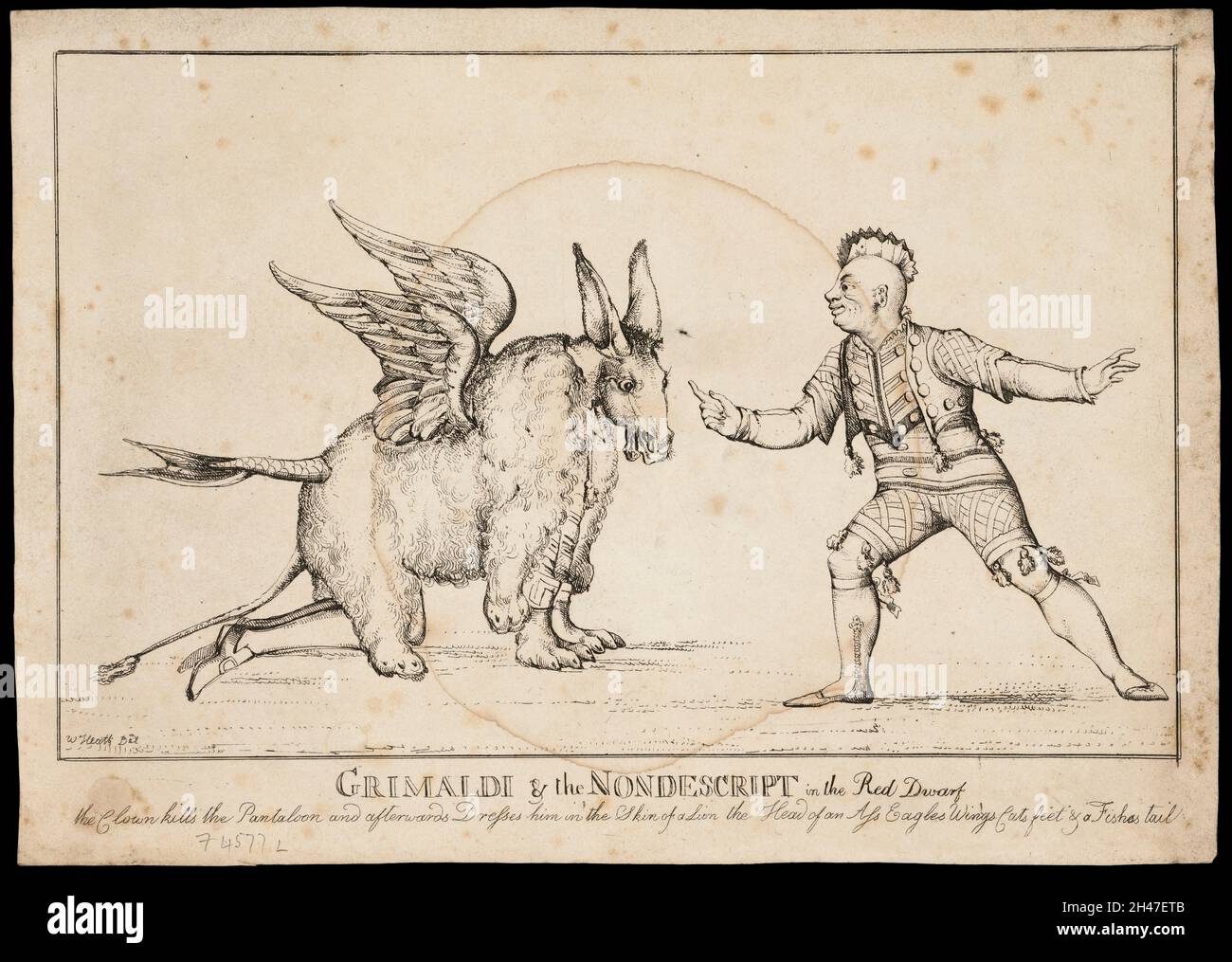 Joseph Grimaldi dressed as a Red Indian points to a pantomime creature ...
