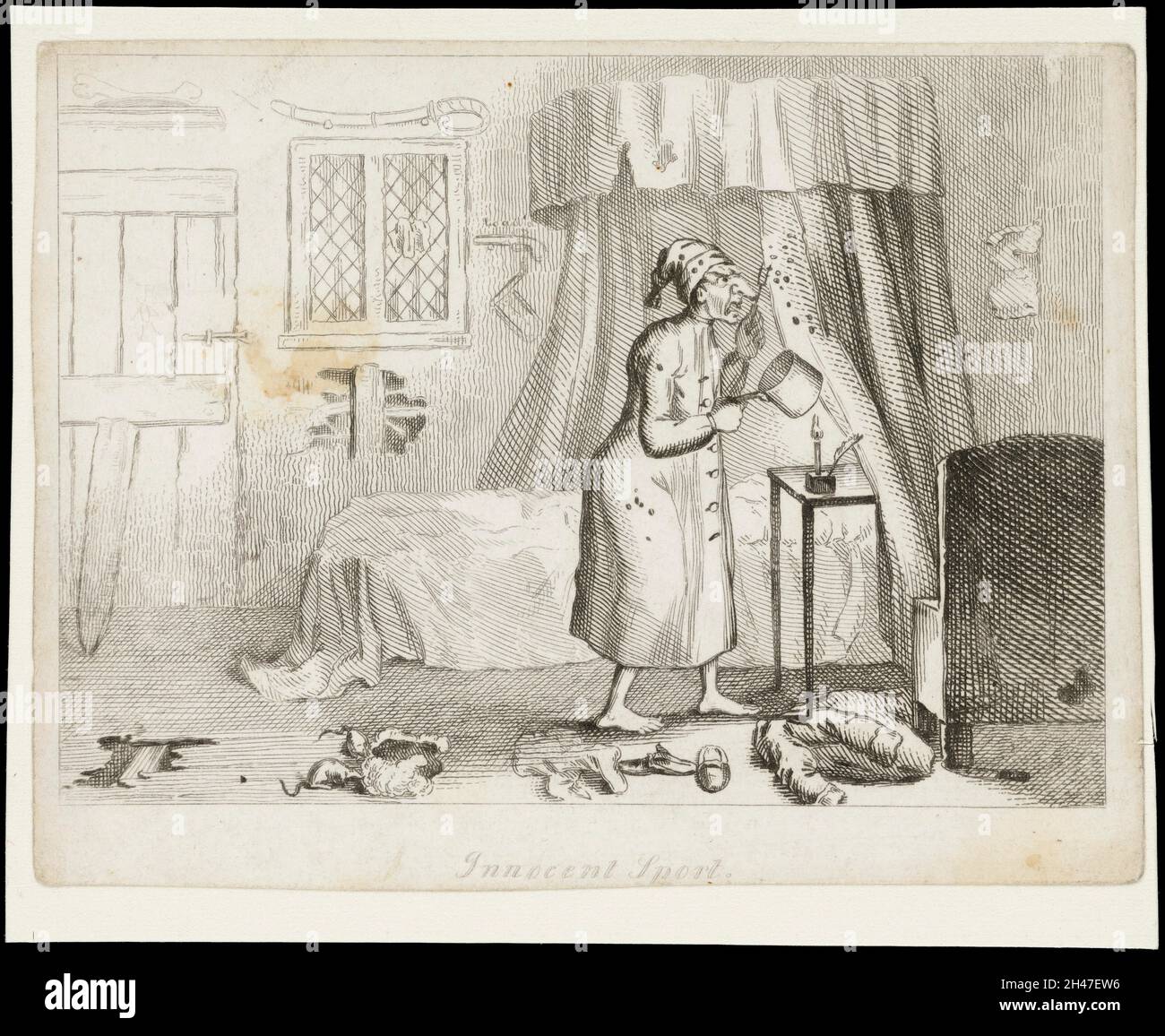 A man in bedclothes prising insects (?) off his bed-curtains with a fork into a saucepan ...