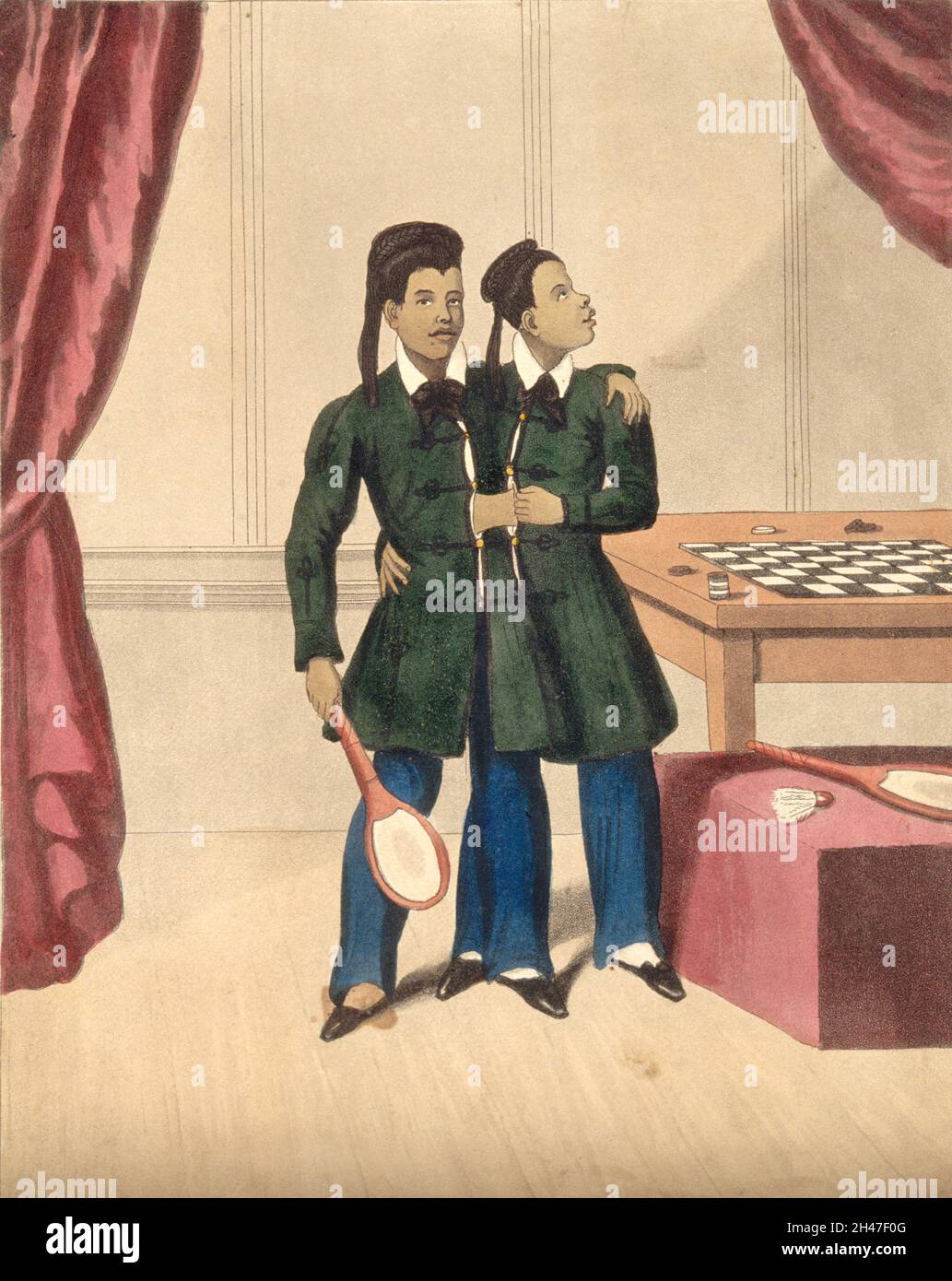 Chang and Eng the Siamese twins, in a games room. Coloured engraving ...