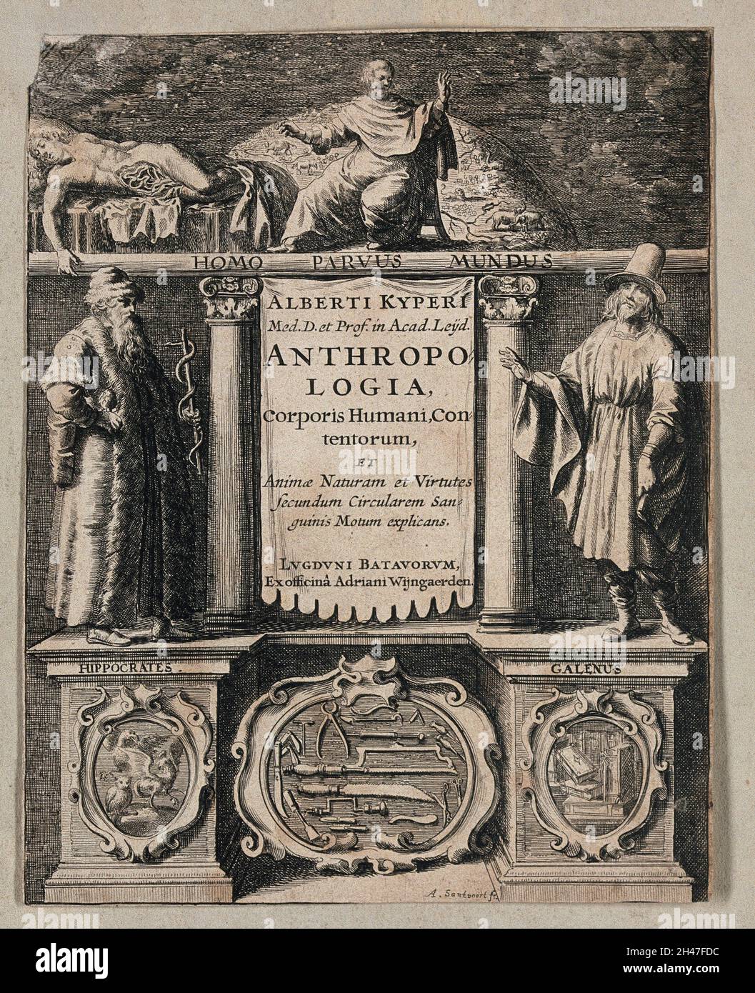 Above, a man studying the entrails of a cadaver as the microcosm, with ...