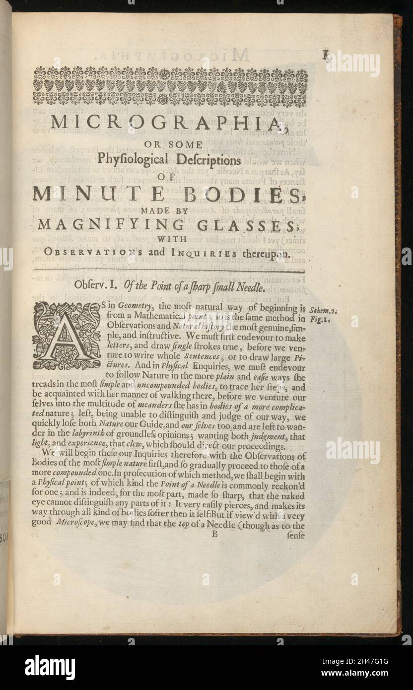 Page 1, Micrographia, Robert Hooke, 1665 Stock Photo - Alamy