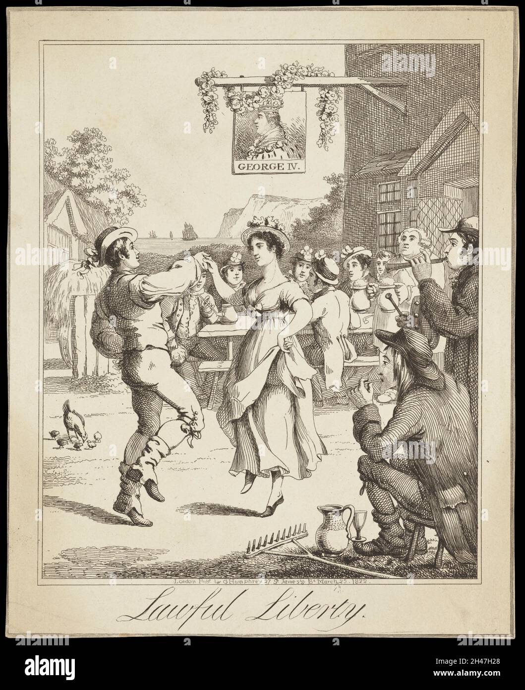 A man and woman dance outside a tavern named after George IV, a man ...
