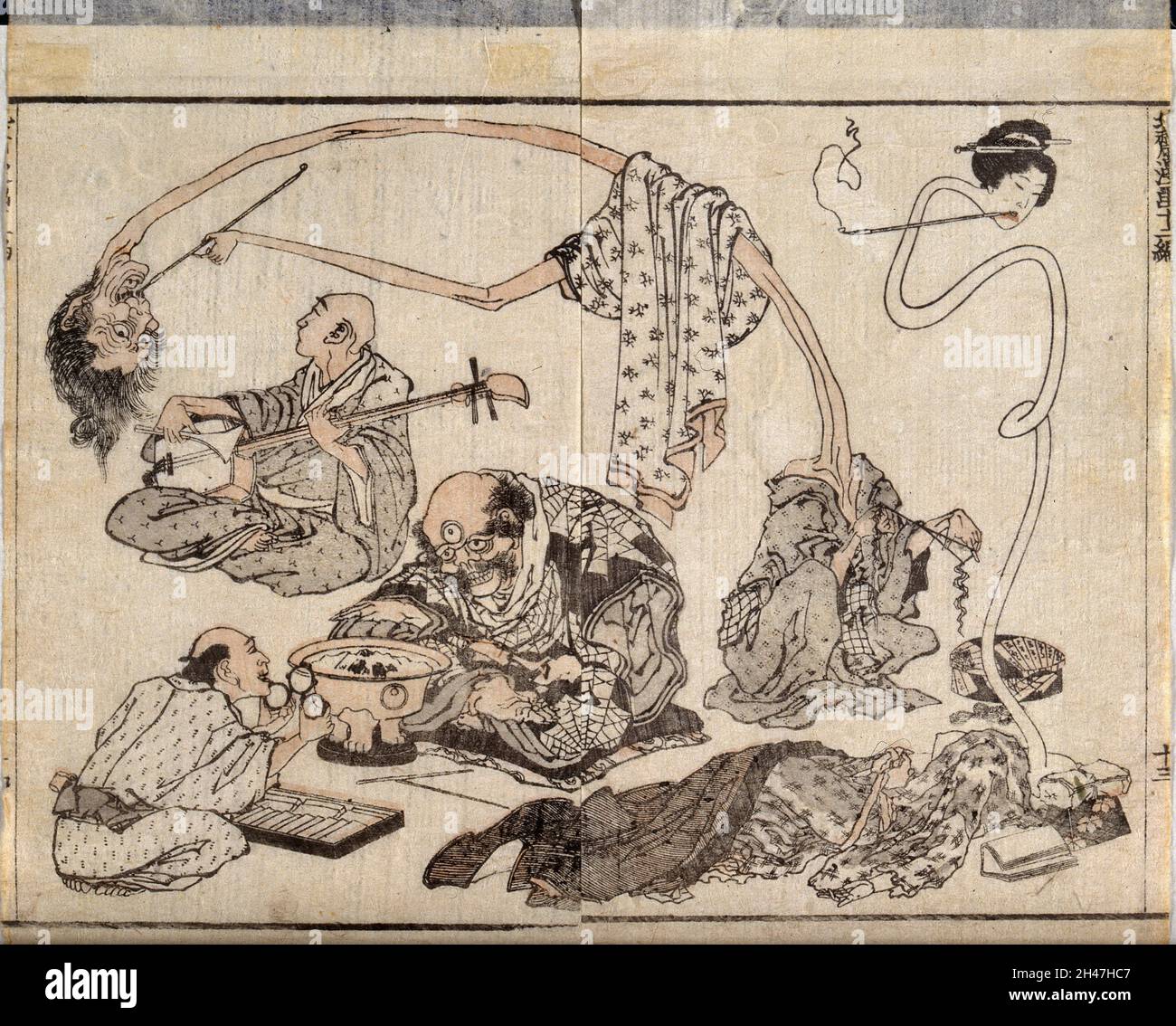 A man with three eyes is fitted with spectacles, watched by a man and ...