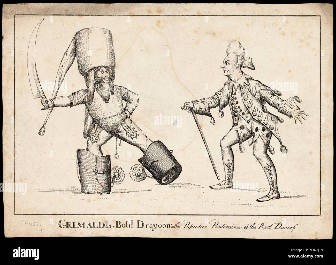 Joseph Grimaldi dressed as a hussar standing before another actor in a ...