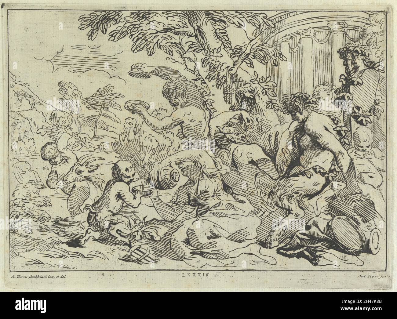 Satyrs revelling in a bacchanalian celebration. Etching by A. Cioci ...