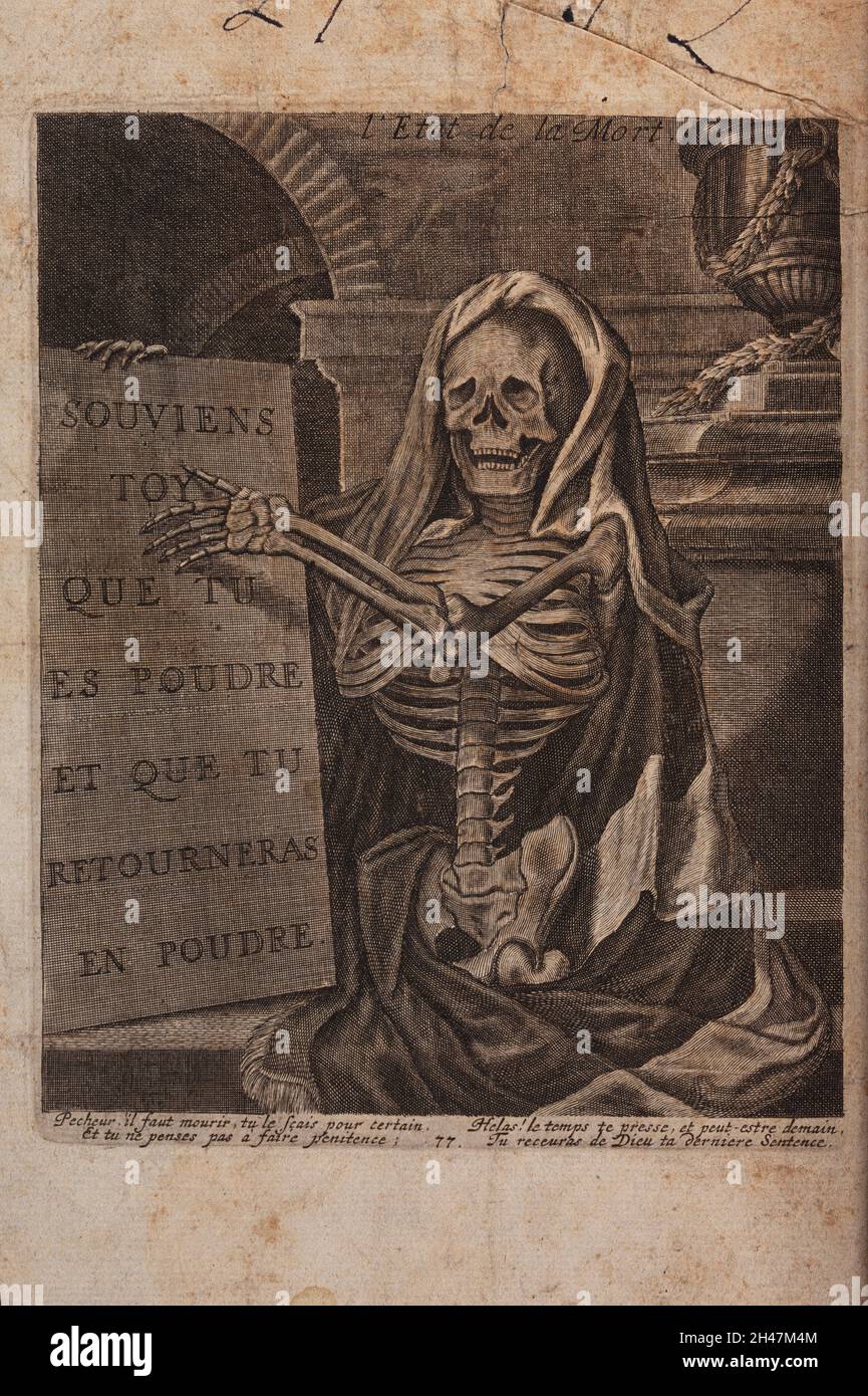 A skeleton as memento mori. Etching Stock Photo - Alamy