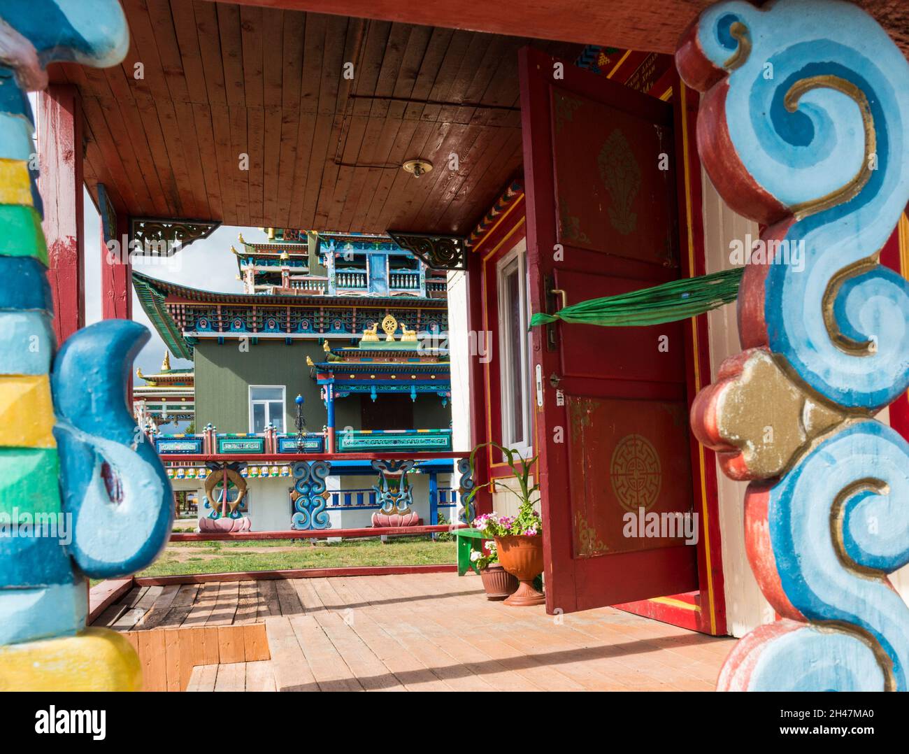 View of some colorful dugans of the Ivolginsky Datsan, Buryatia, Russia ...