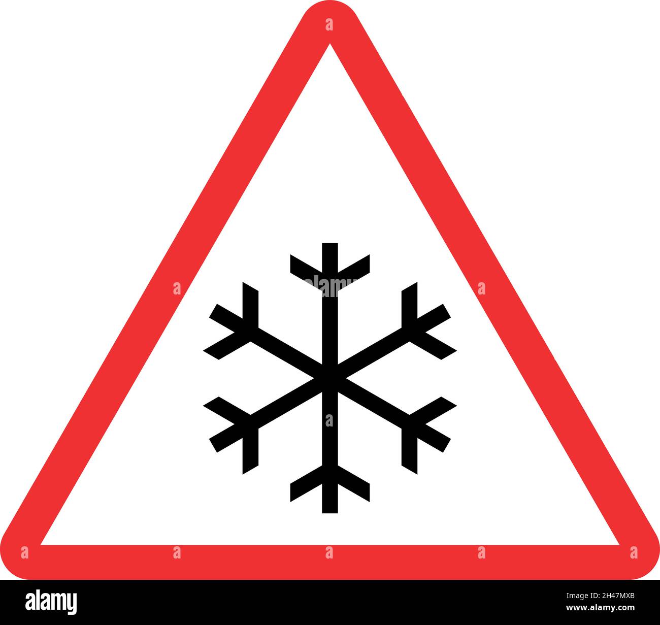 Beware of slippery Icy road ahead sign. Red triangle background. Safety ...