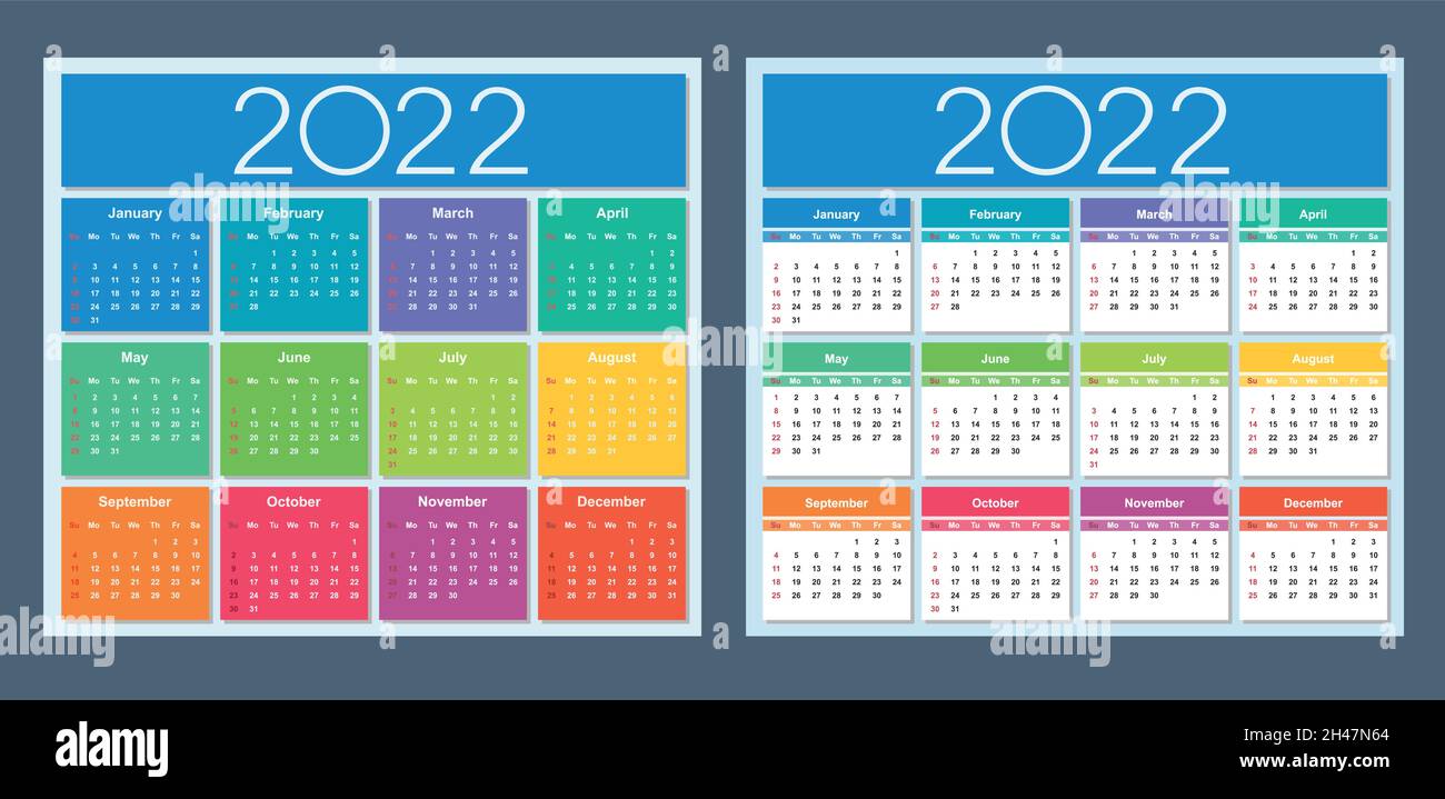 Calendar 2022. Colorful set. Week starts on Sunday. Vector template ...
