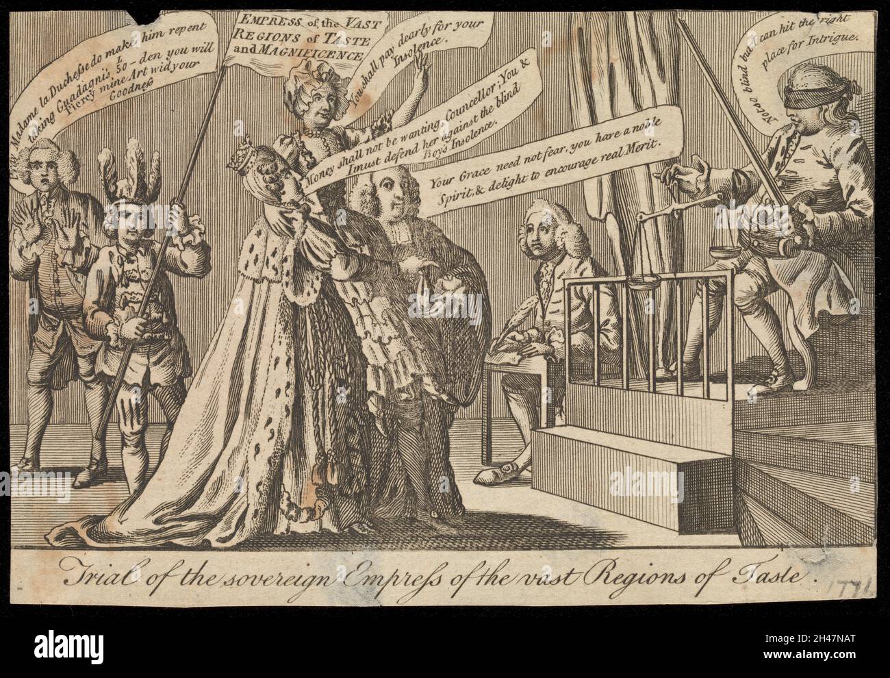 Sir John Fielding wearing a blindfold sits in a chair holding ...