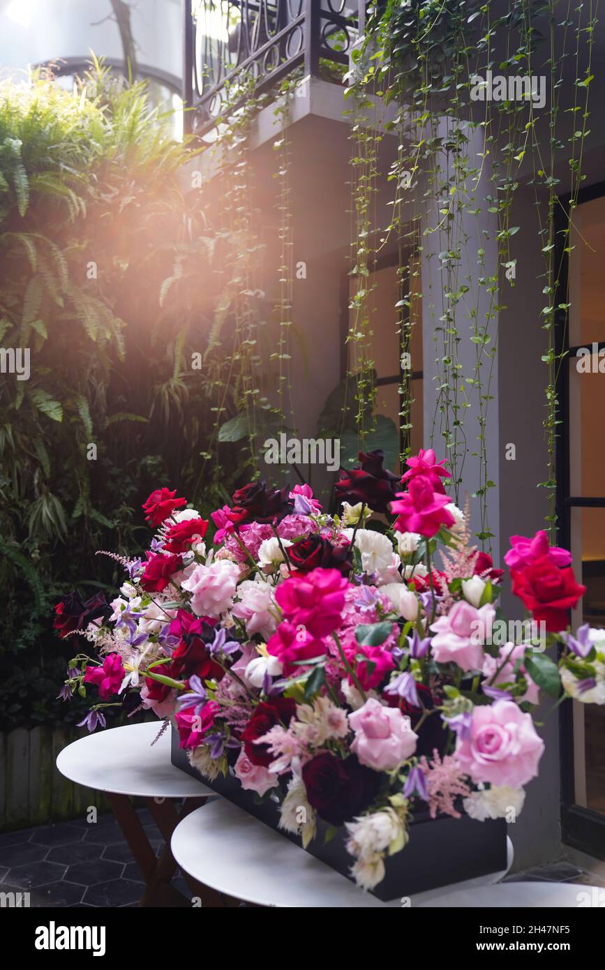 Creative layout of flowers and leaves. The concept of nature. A card ...