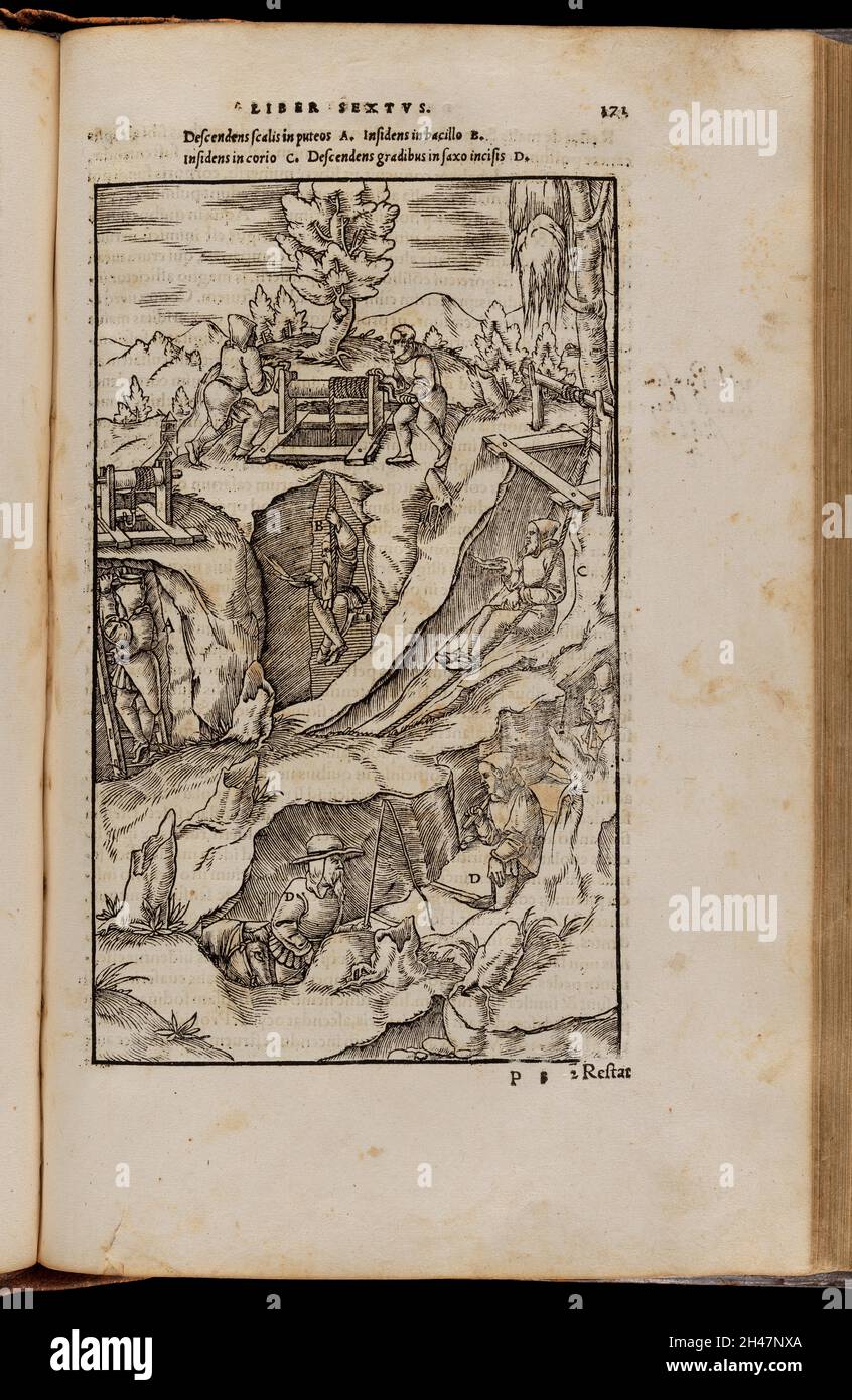 Folio 171. Medieval mining techniques. Woodcut, 1556 Stock Photo - Alamy