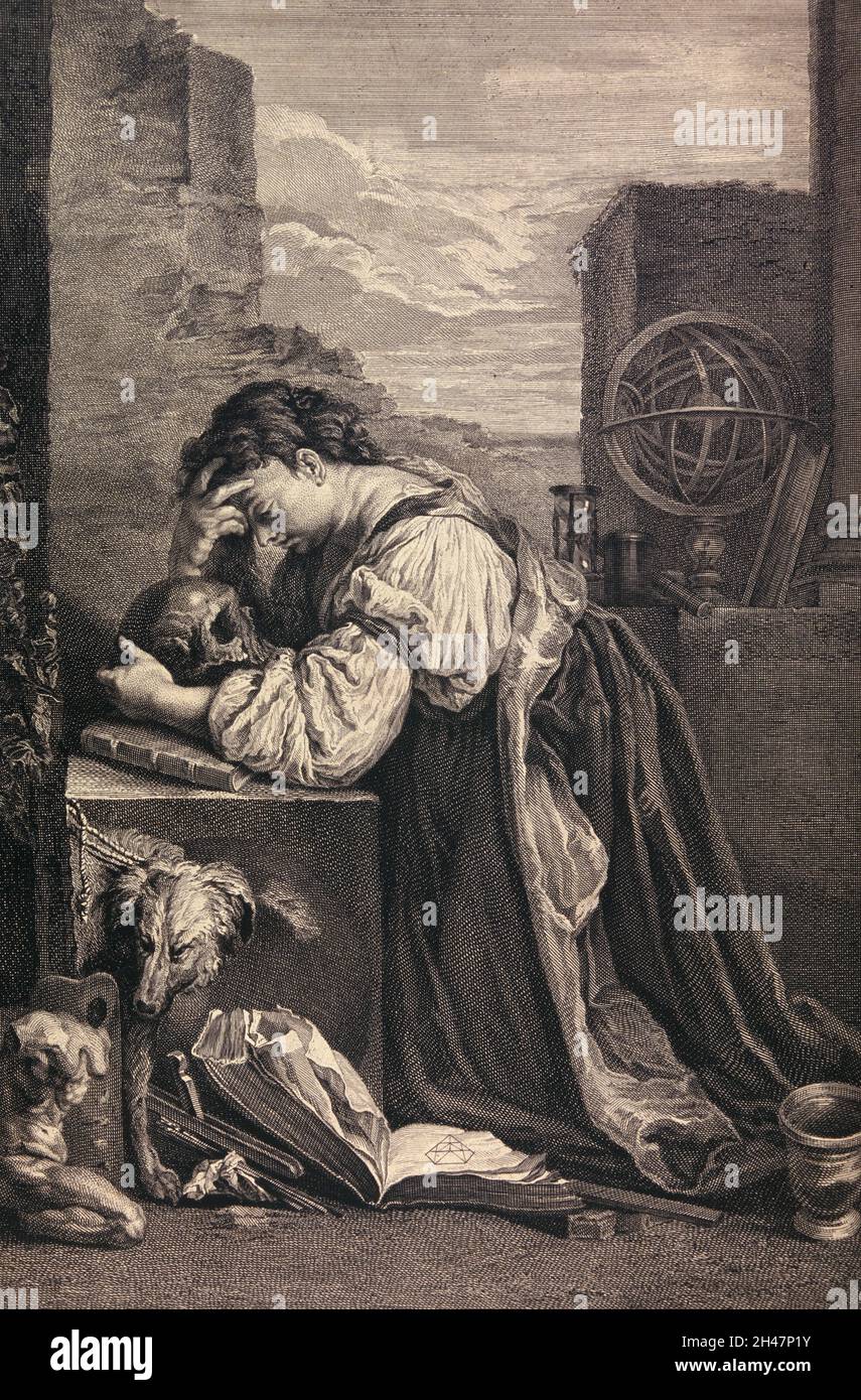 Melancholia: a female figure contemplating a skull, surrounded by ...