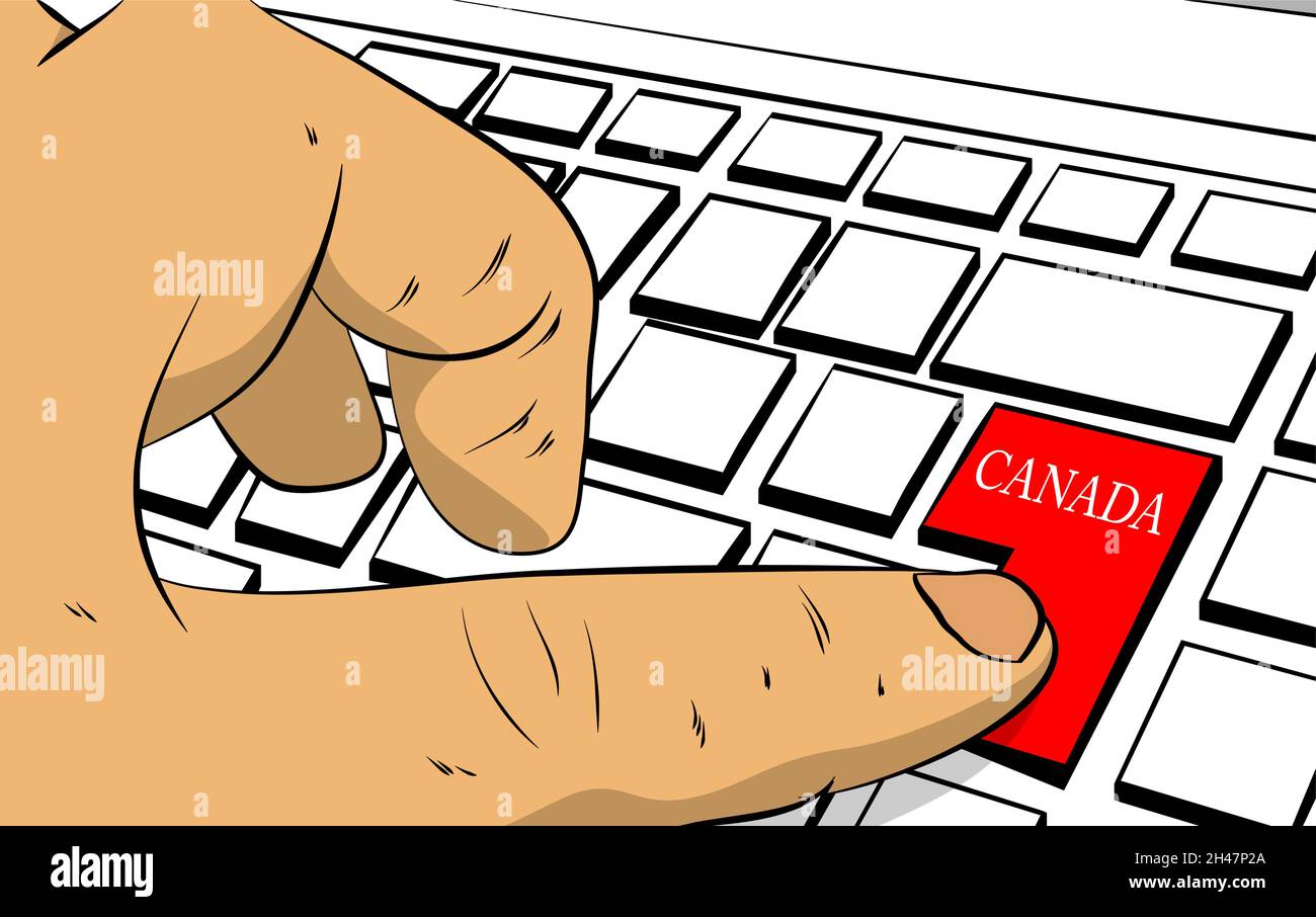 Canada word on computer keyboard. Man push keypad on laptop. Comic book ...