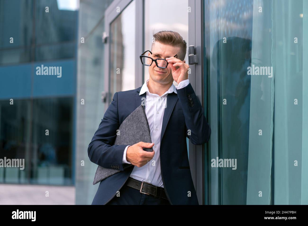 Business. Businessman Glasses With Folder Standing Office Building ...