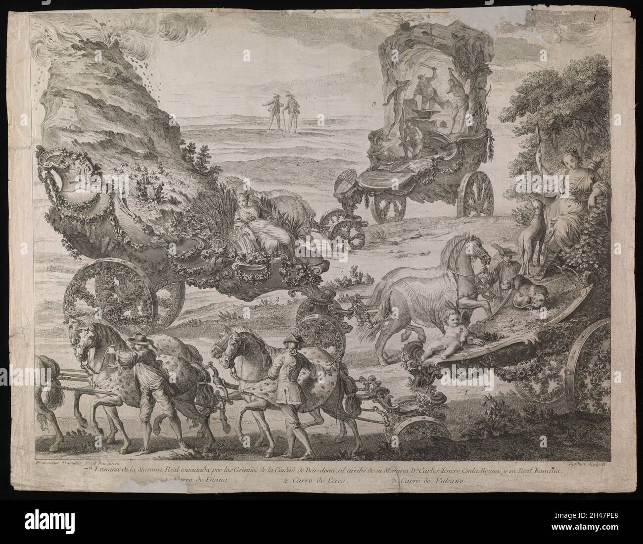 Masque in honour of King Charles III of Spain: three chariots carrying ...