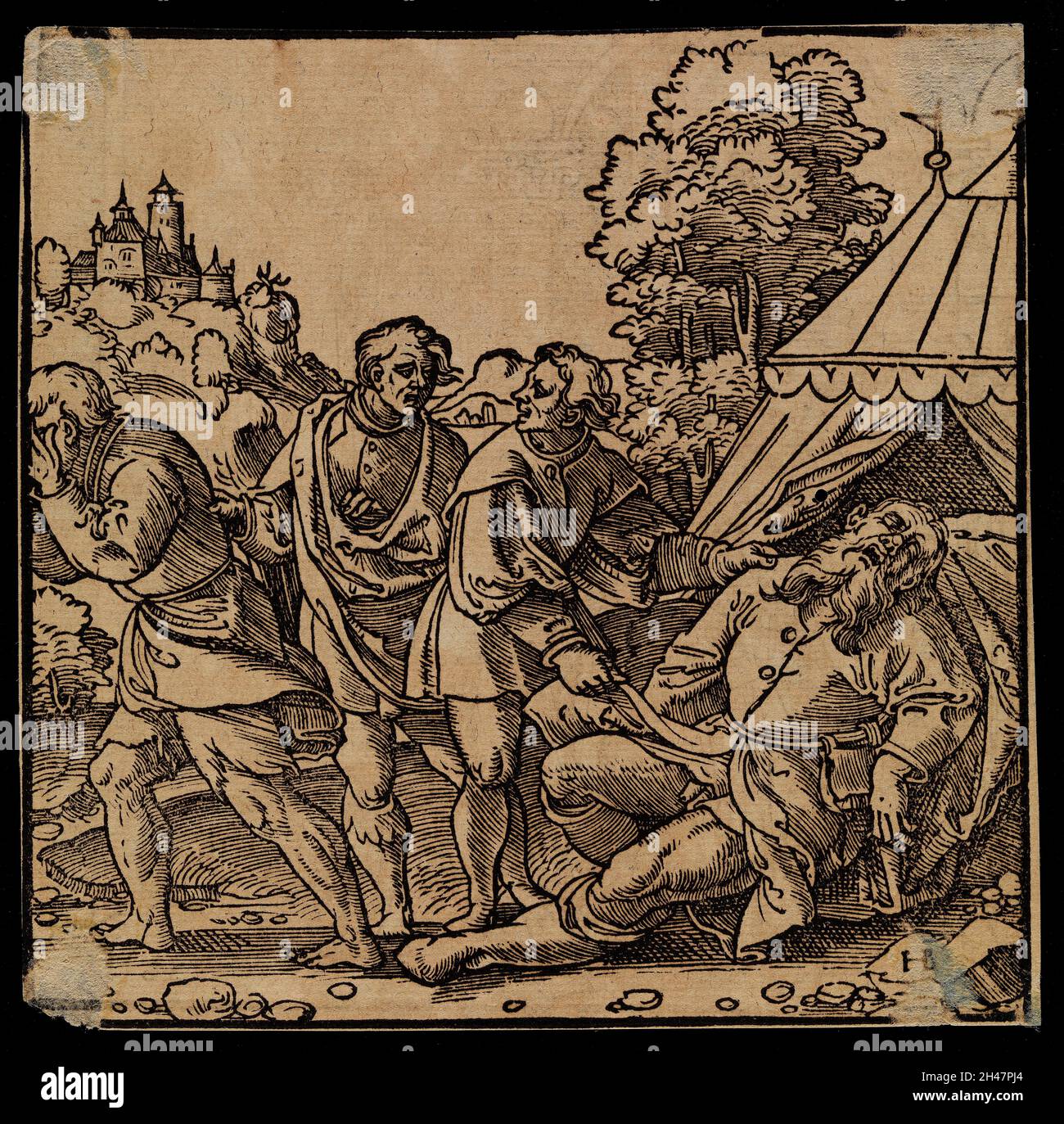 Noah in his drunkenness being exposed by Ham. Woodcut by H. Brosamer ...