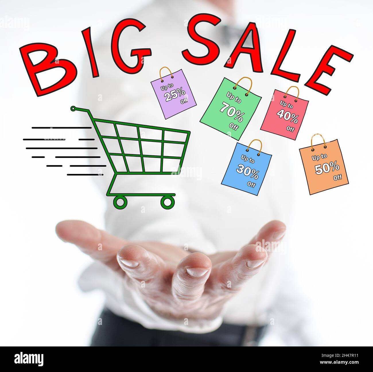Big sale concept levitating above a hand of a man Stock Photo - Alamy