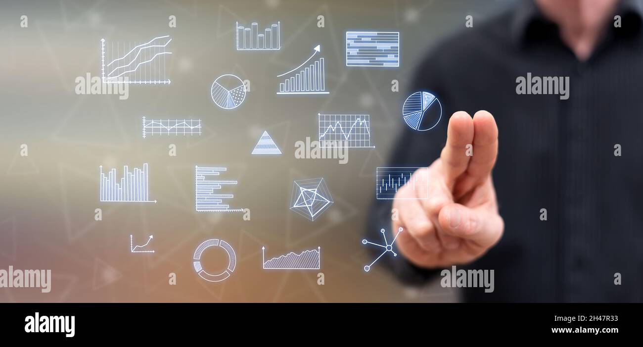 Man touching business charts on a touch screen with his fingers Stock ...