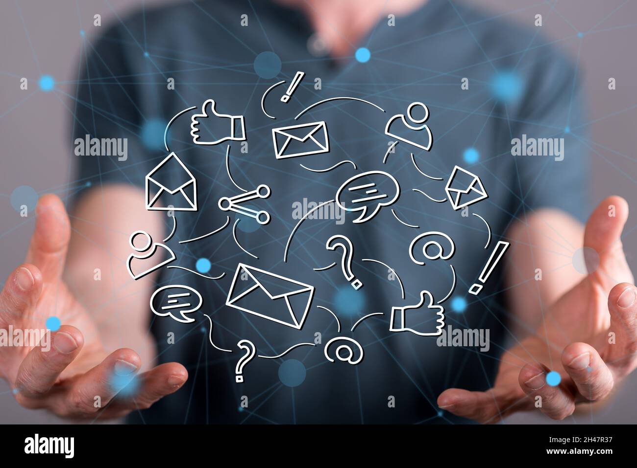 Social network concept between hands of a man in background Stock Photo ...