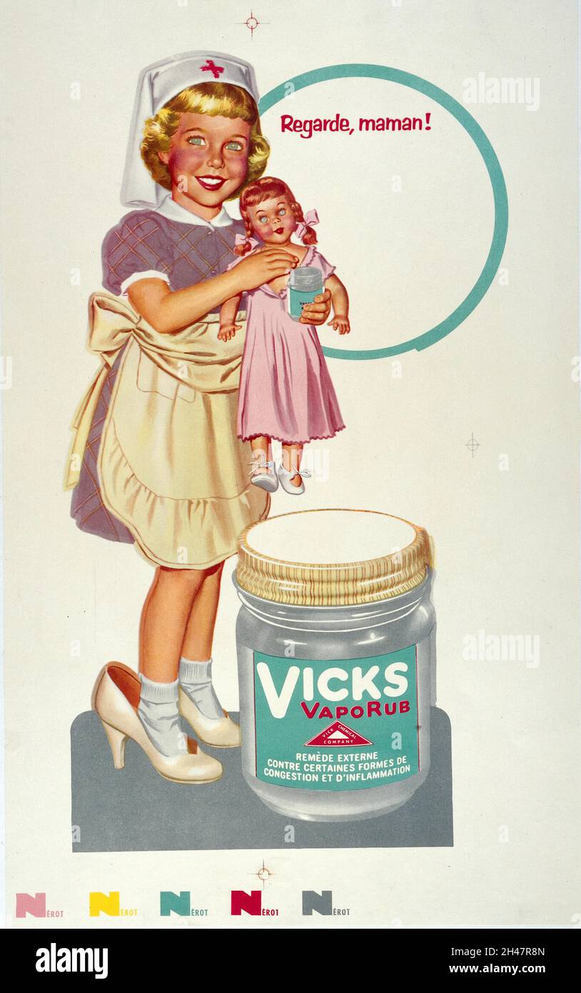 A girl playing at being a nurse by rubbing "Vick" ointment on the chest ...