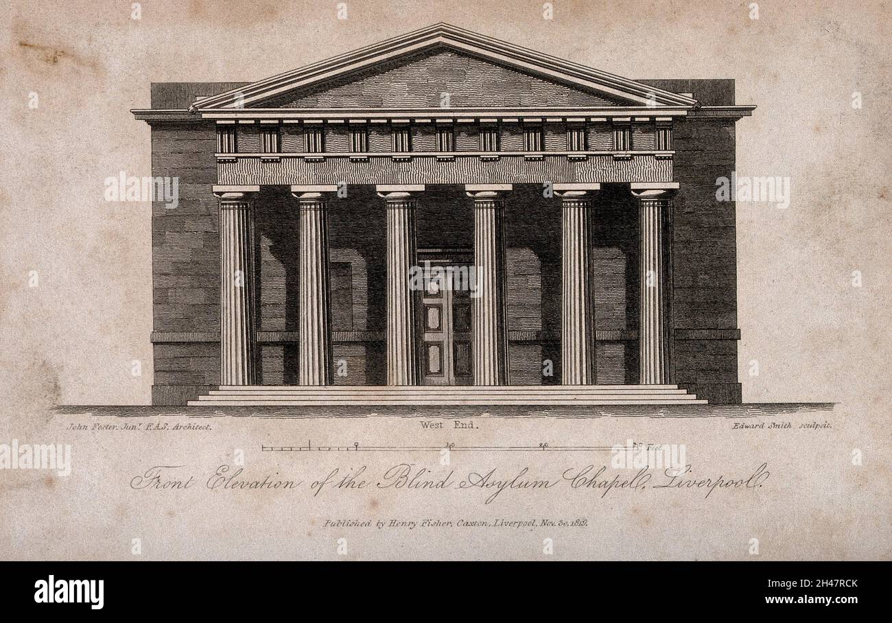 Blind Asylum Chapel, Liverpool, Merseyside: with scale. Line engraving ...