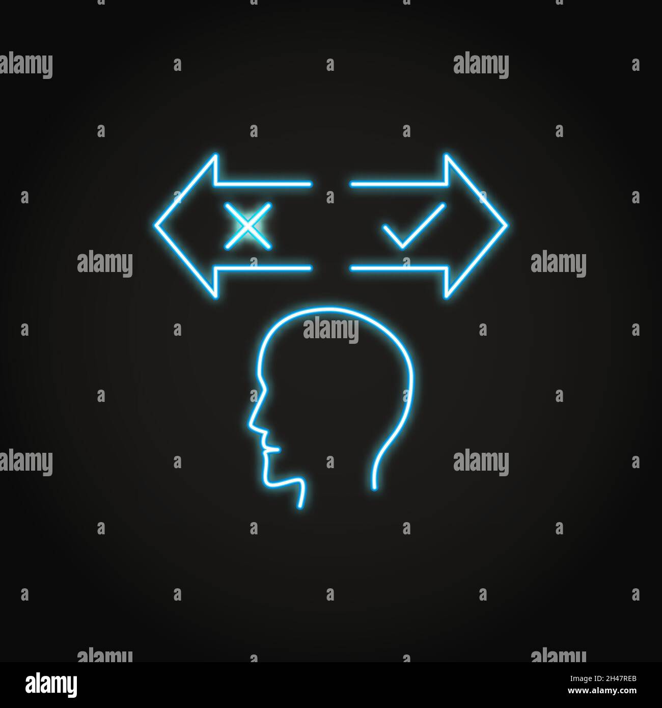 Neon wrong decision icon in line style. Human head silhouette and ...