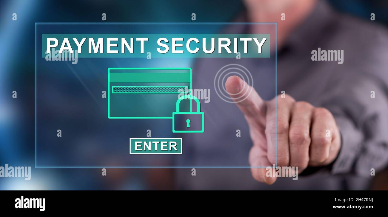 Man touching a payment security concept on a touch screen with his ...