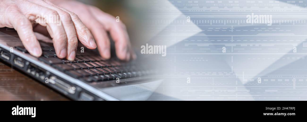 Hands typing on a laptop. panoramic banner Stock Photo - Alamy