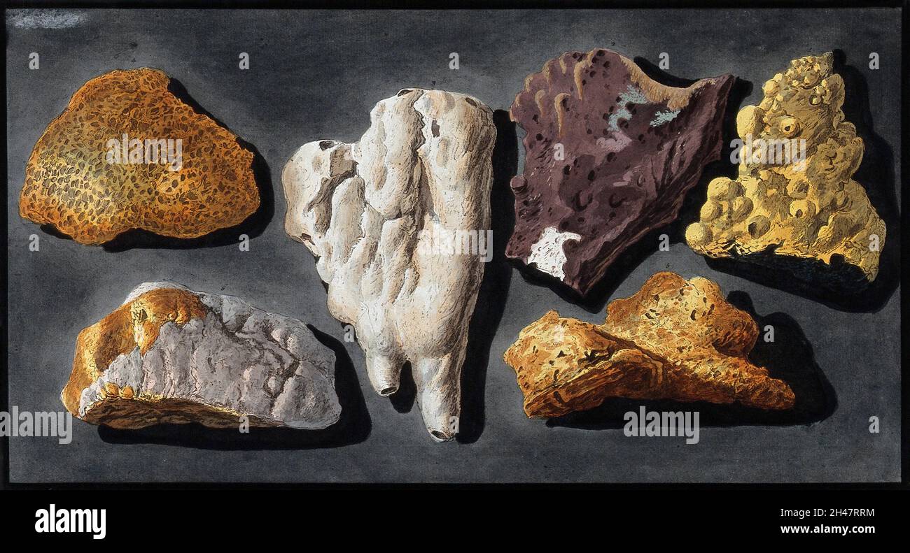 Six pieces of lava from inside the crater of Mount Vesuvius. Coloured ...