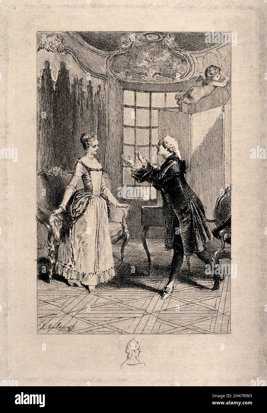 A young man walks towards a young woman holding out his hands ...