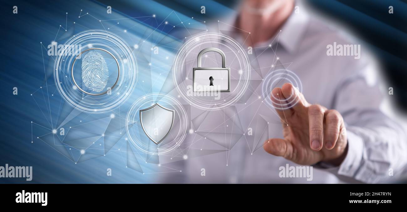 Man touching a data security concept on a touch screen with his finger ...