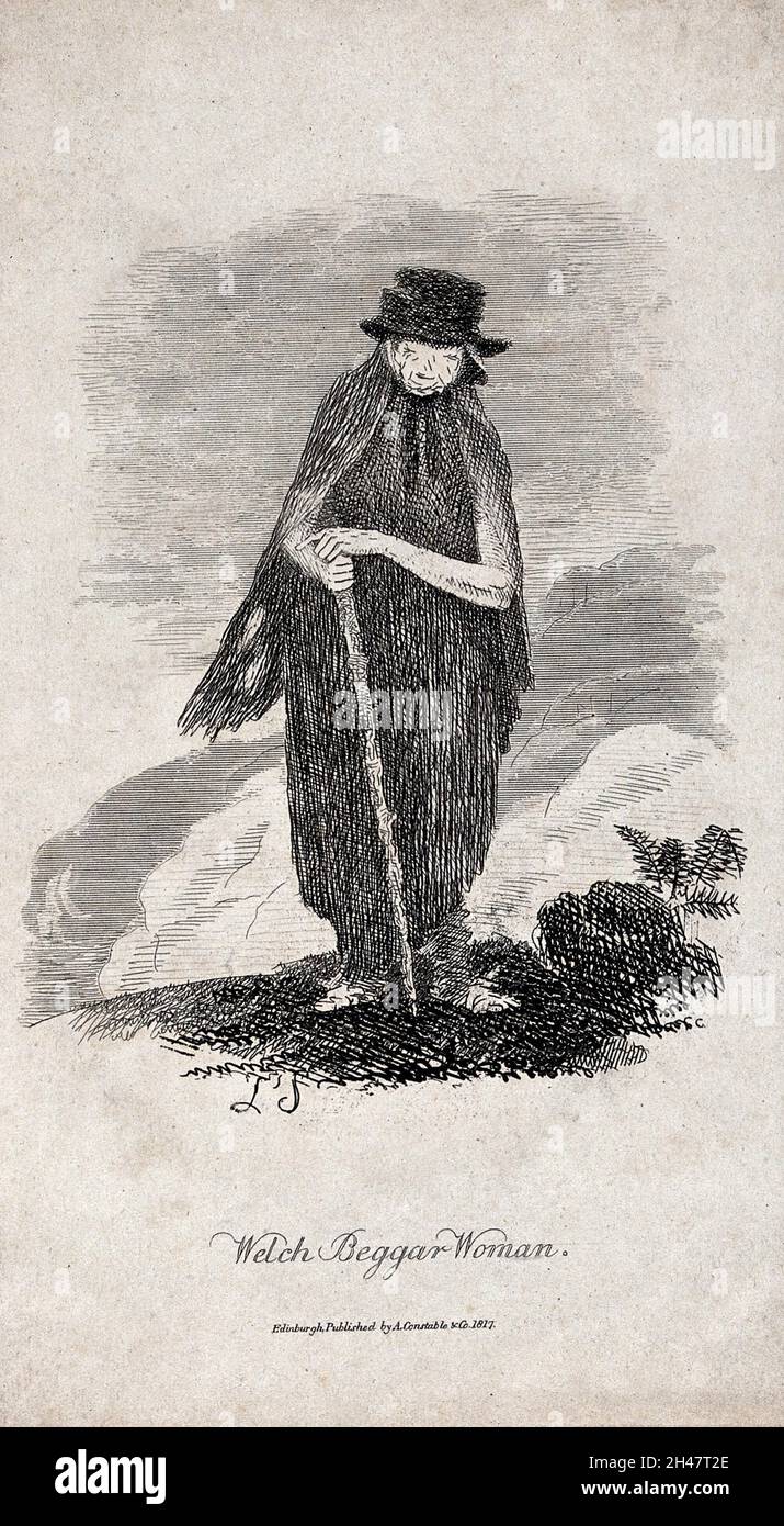 An old woman in ragged clothes with a stick. Etching, 1817 Stock Photo ...