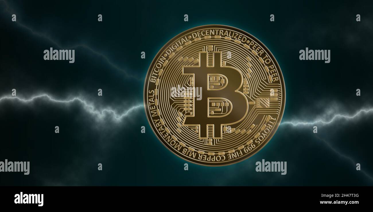 Golden bitcoin on lightning background hi-res stock photography and ...